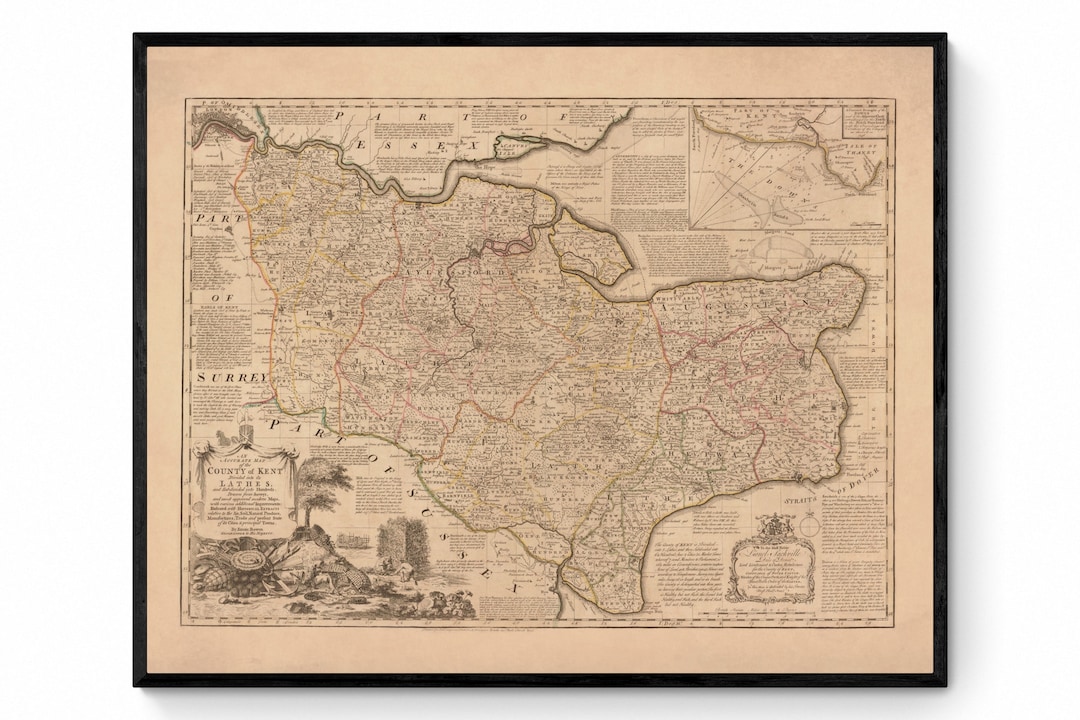 Kent Map Dated 1740 - Antique Reproduction - Emanuel Bowen - Detailed ...