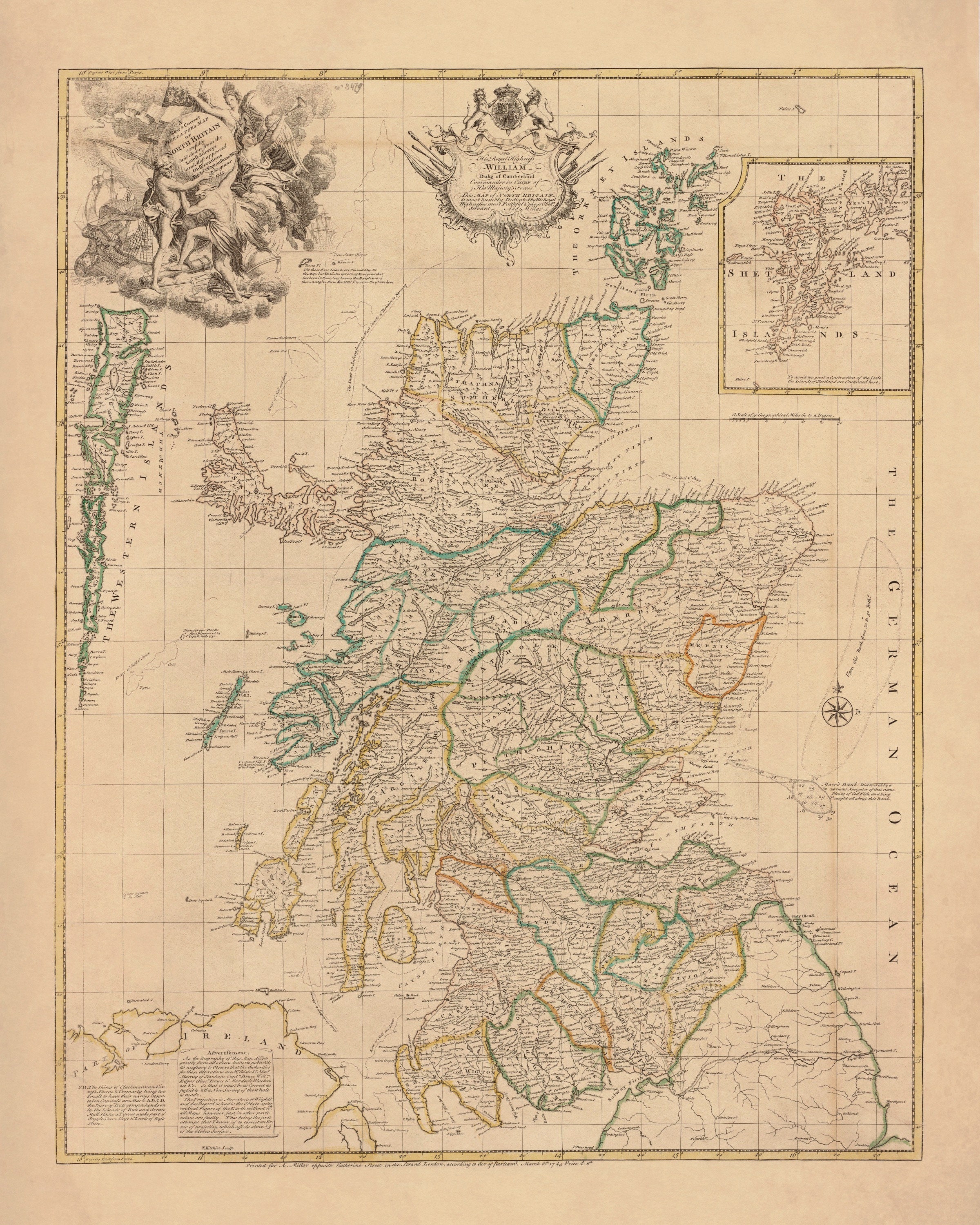 Scotland Map north Britain Dated 1745 Antique Reproduction Emanuel ...