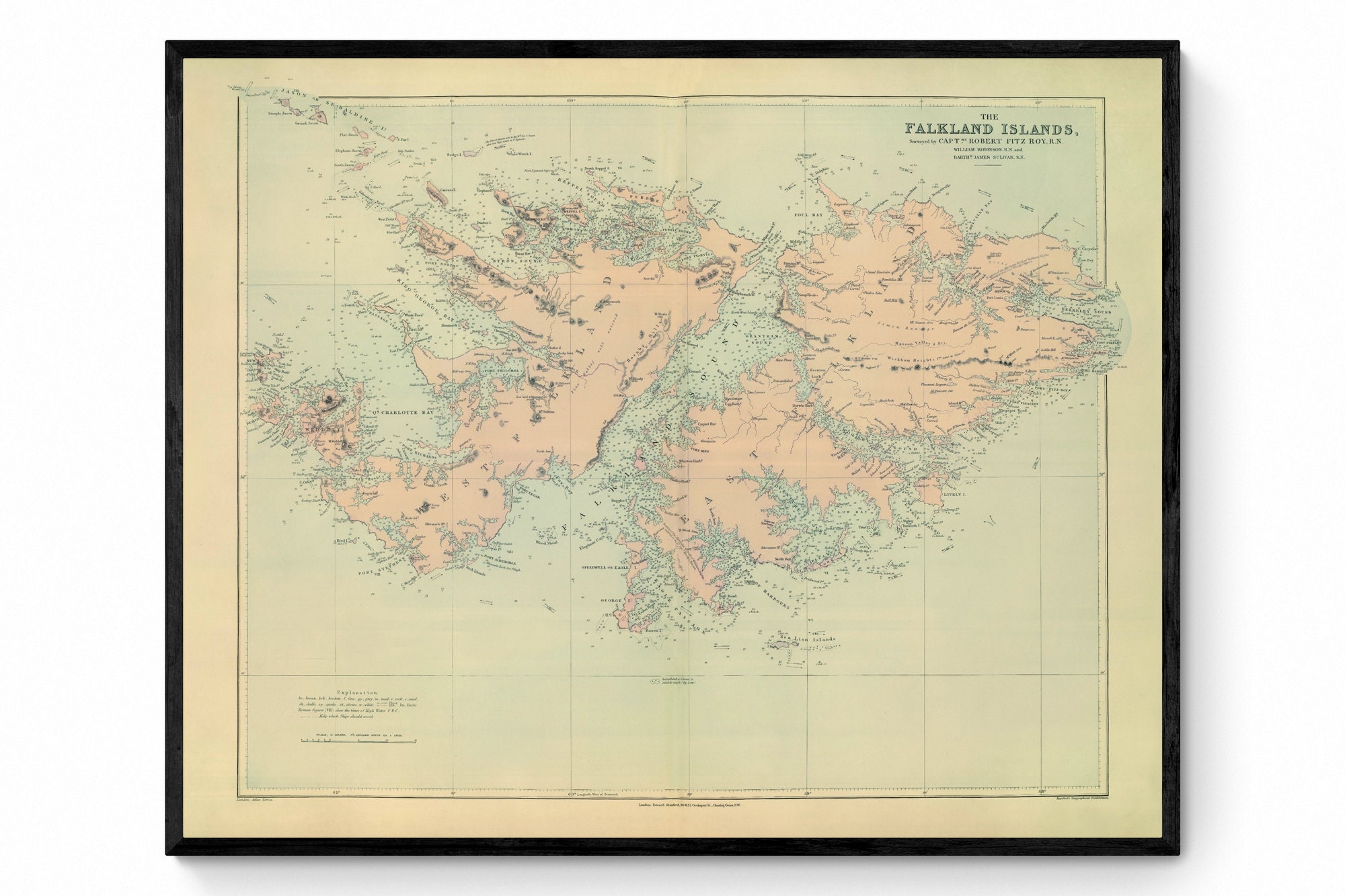 Falkland Islands Map Antique Reproduction Dated 1901 Available Framed ...