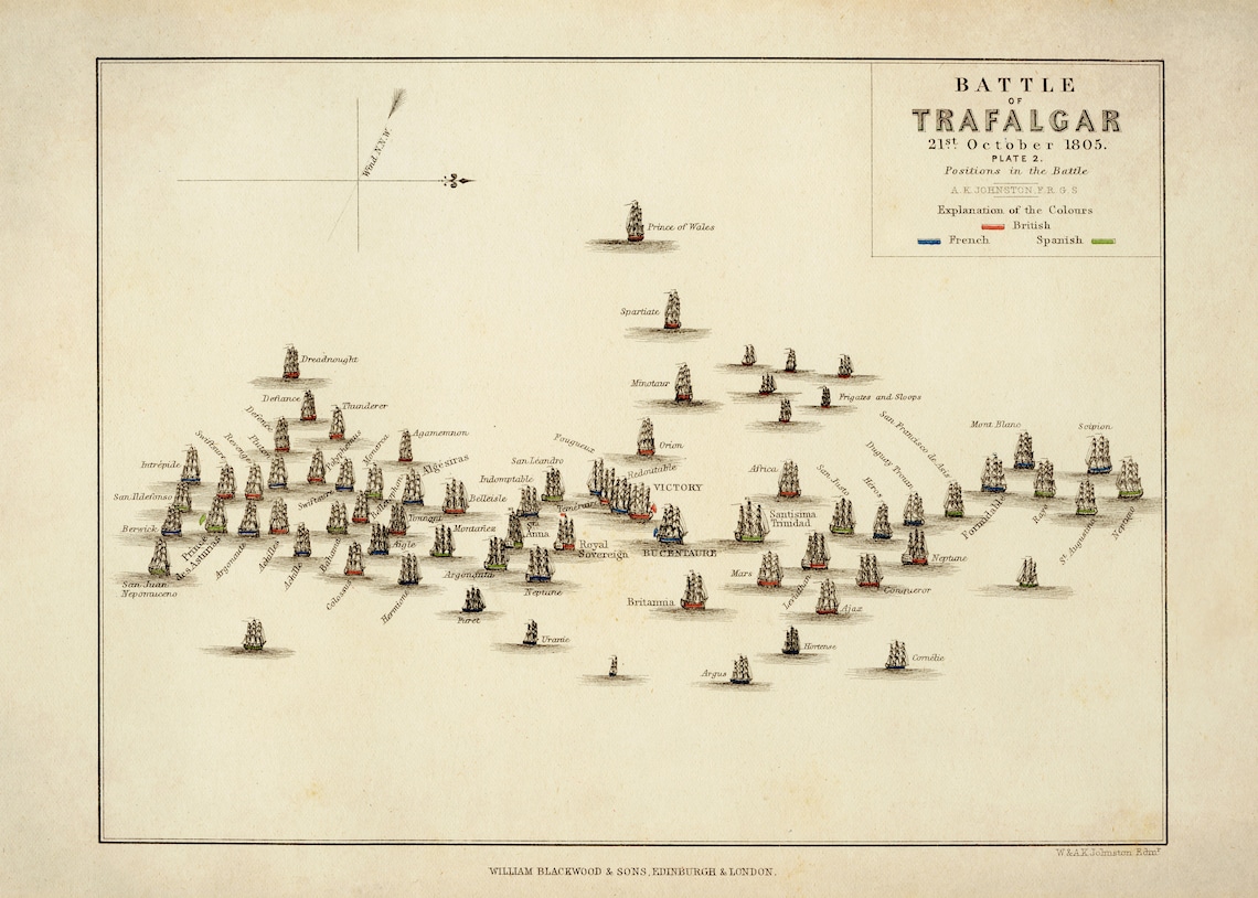 Battle of Trafalgar Map Showing Positions in Battle Antique - Etsy UK
