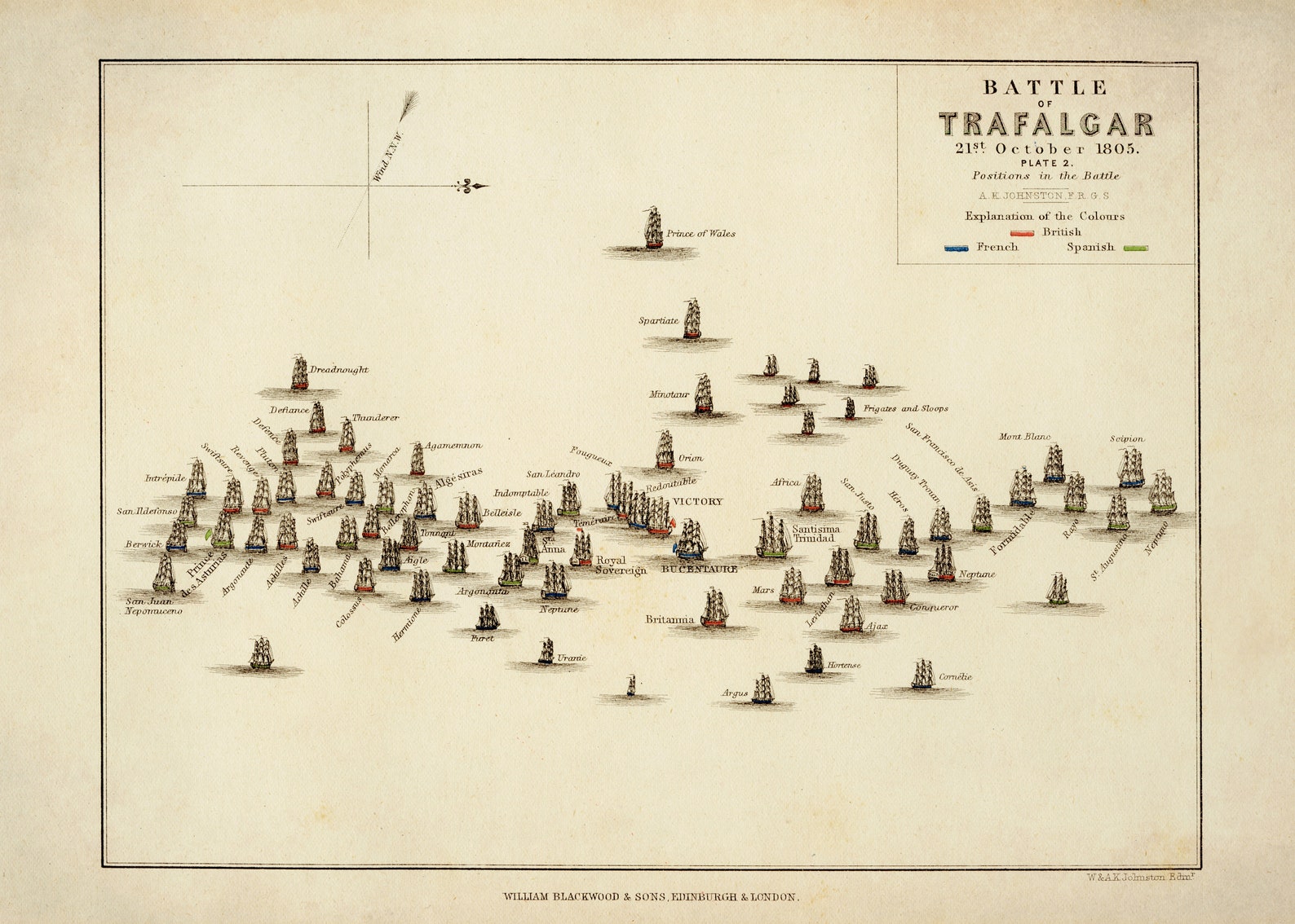 Battle of Trafalgar Map Showing Positions in Battle - Antique ...
