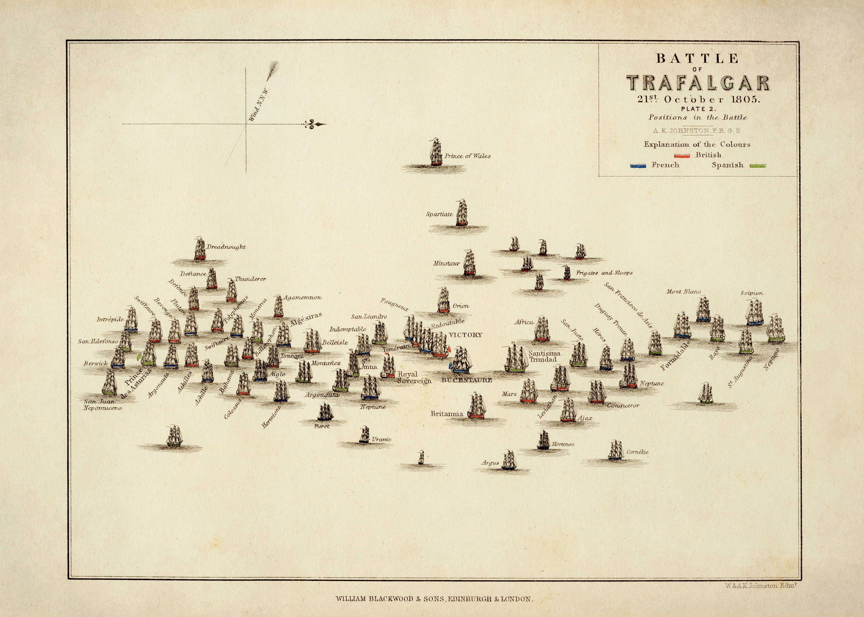 Battle of Trafalgar Map Showing Positions in Battle - Antique ...