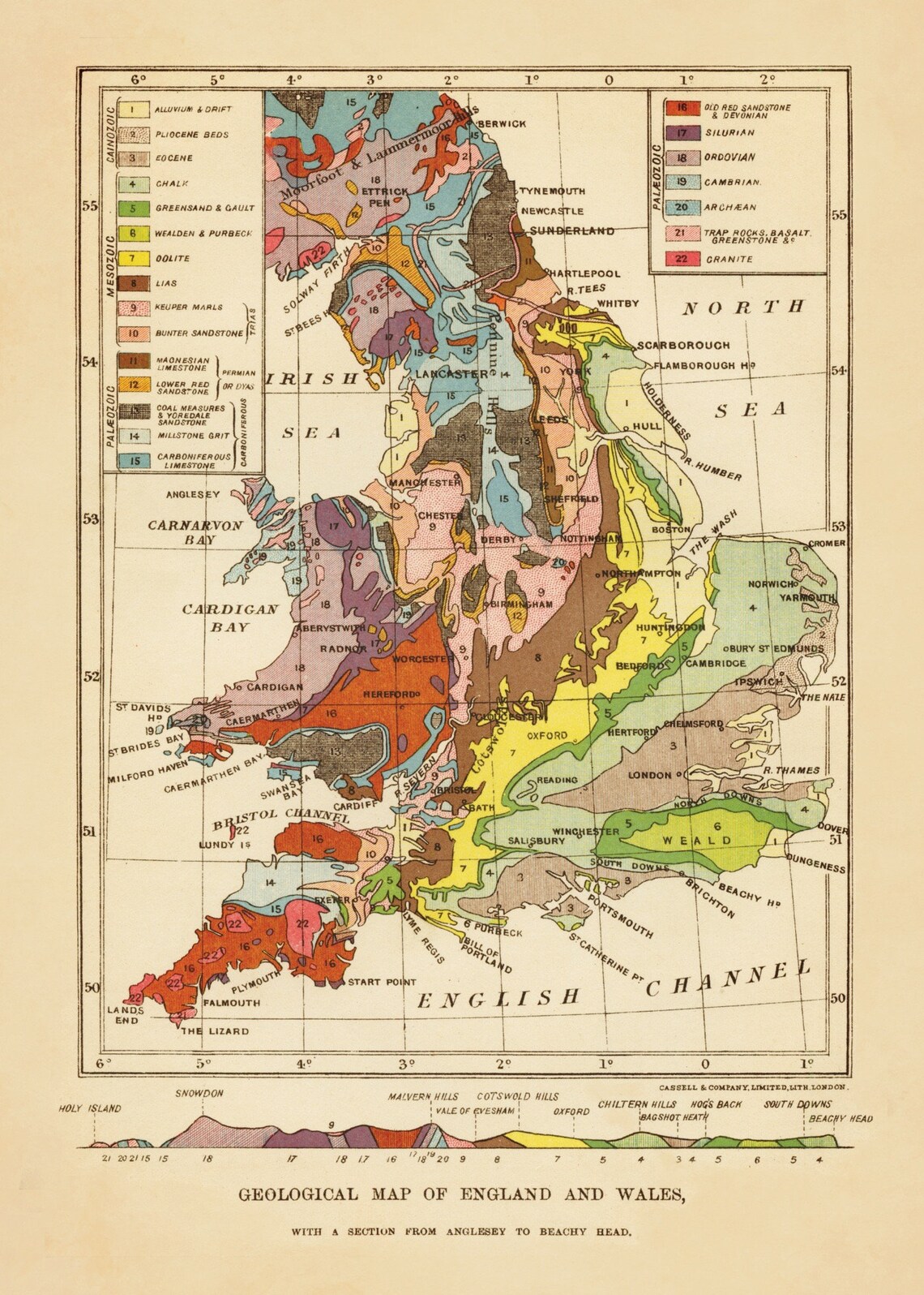 Geological Map of England and Wales - Antique Reproduction Print ...