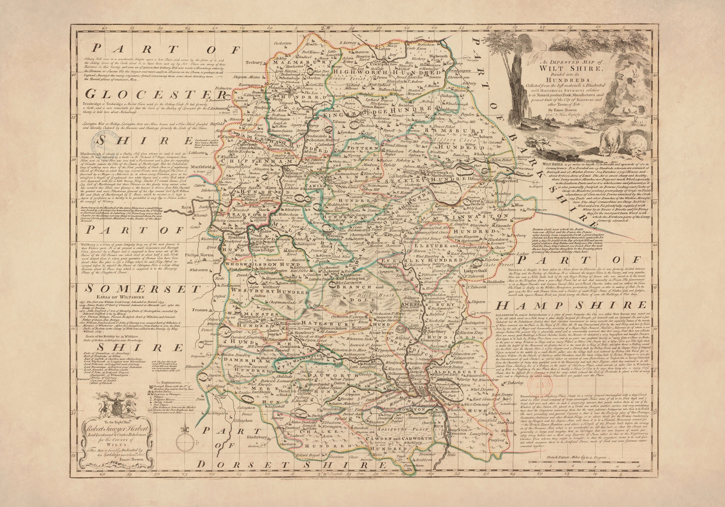 Wiltshire Map Dated 1750 Antique Reproduction Emanuel Bowen Detailed ...