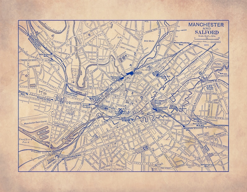 Manchester & Salford Map Antique Reproduction City Plan England ...