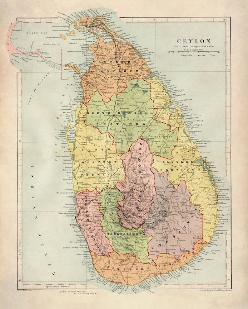 Island of Ceylon Map Dated 1906 Antique Reproduction Sri Lanka Vintage ...