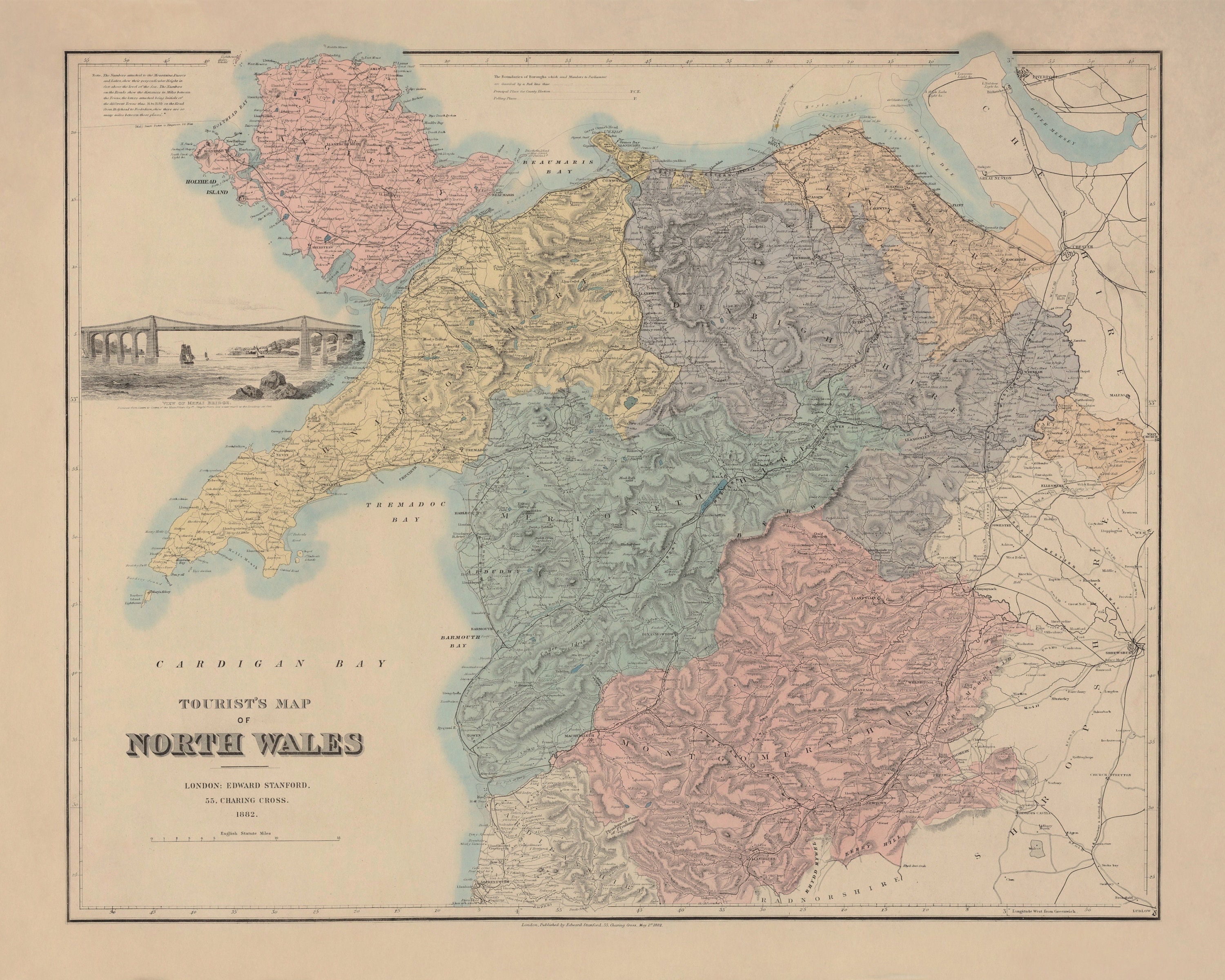 North Wales Map Showing Railways, Tramways, Mail Coach Roads, Turnpike ...