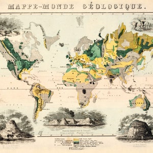 Geological World Map - Antique Reproduction - Dated 1858 - Geology ...