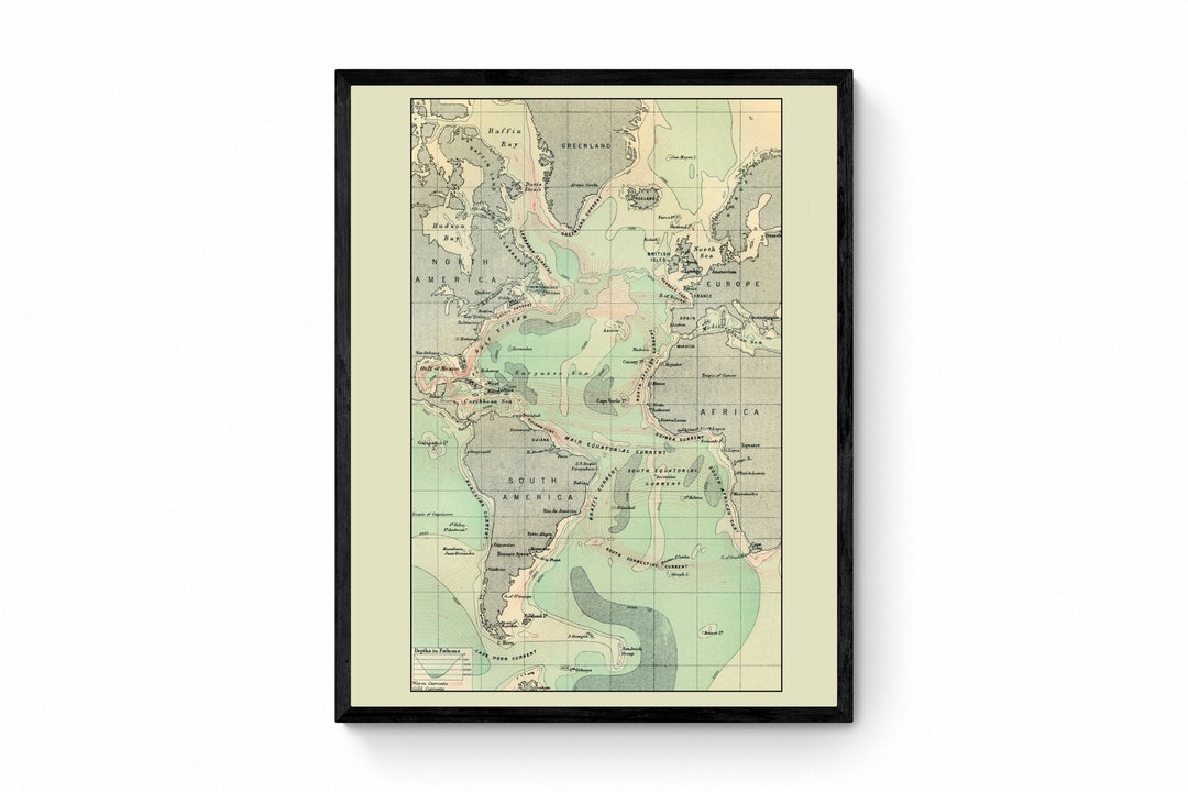 Atlantic Ocean Map Showing Ocean Currents - Antique Reproduction ...