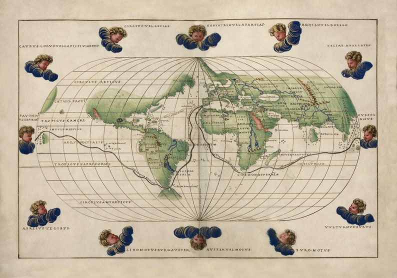 Map of the World in 1542 Portolan Atlas Battista Agnese Antique ...