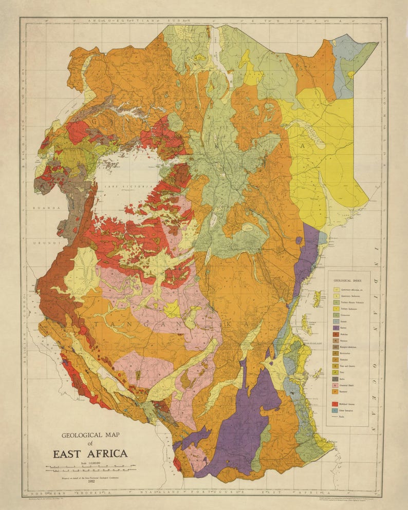 Geological Map of East Africa Map - Dated 1952 - Antique Reproduction ...