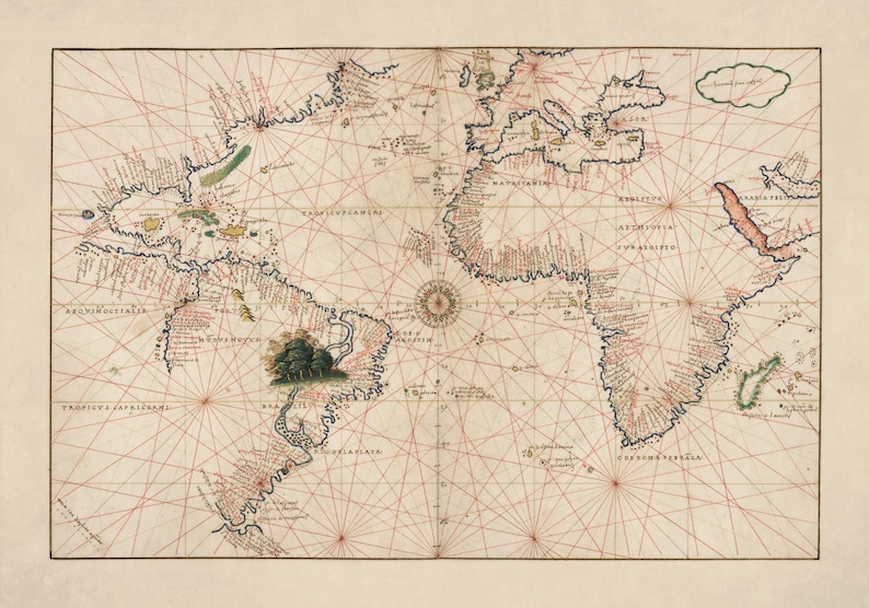 Atlantic Ocean Portolan Nautical Chart Dated 1544 - Antique ...
