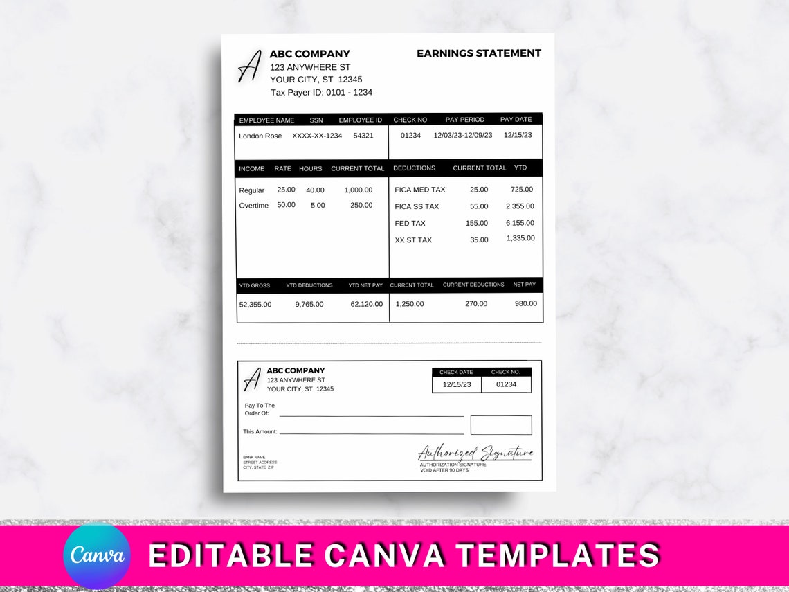 Editable Employee Pay Stub Template: Canva Earnings Statement (8.5x11 ...