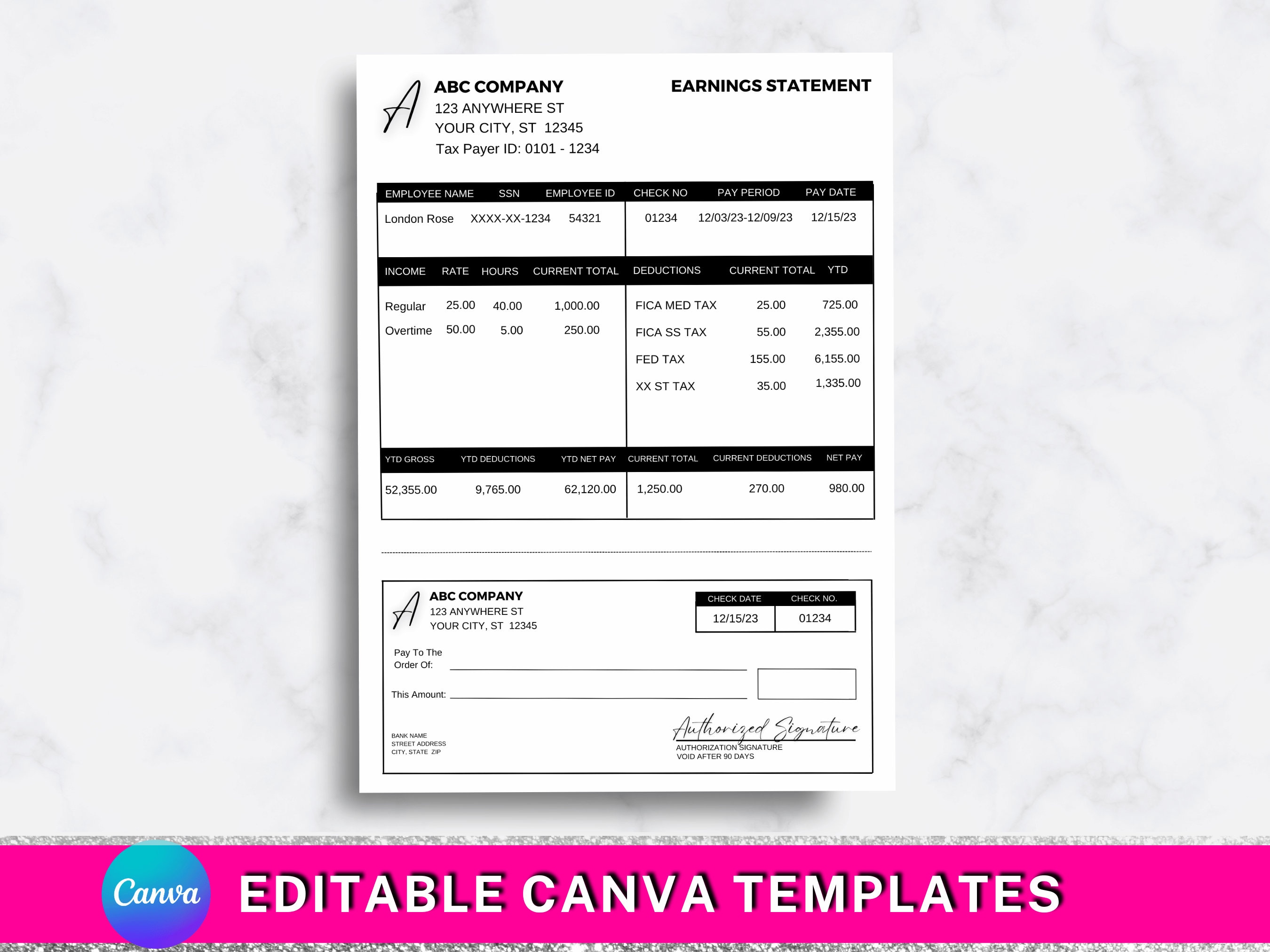 Editable Employee Pay Stub Template: Canva Earnings Statement (8.5x11 ...