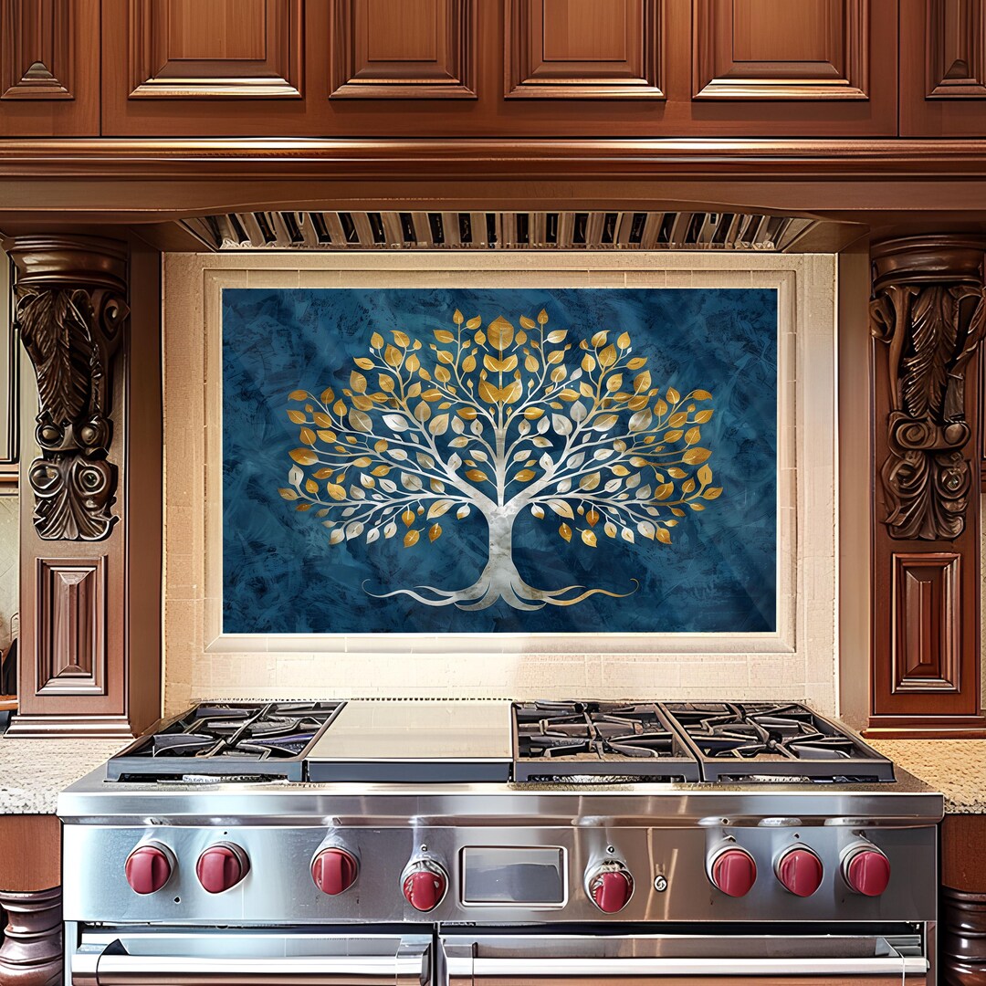 Tempered Glass Kitchen Backsplash, Tree of Life Backsplash for Kitchen ...