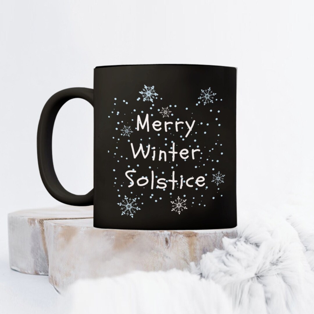 Merry Winter Solstice With Snowflakes Black Coffee Mug, Winter Season ...