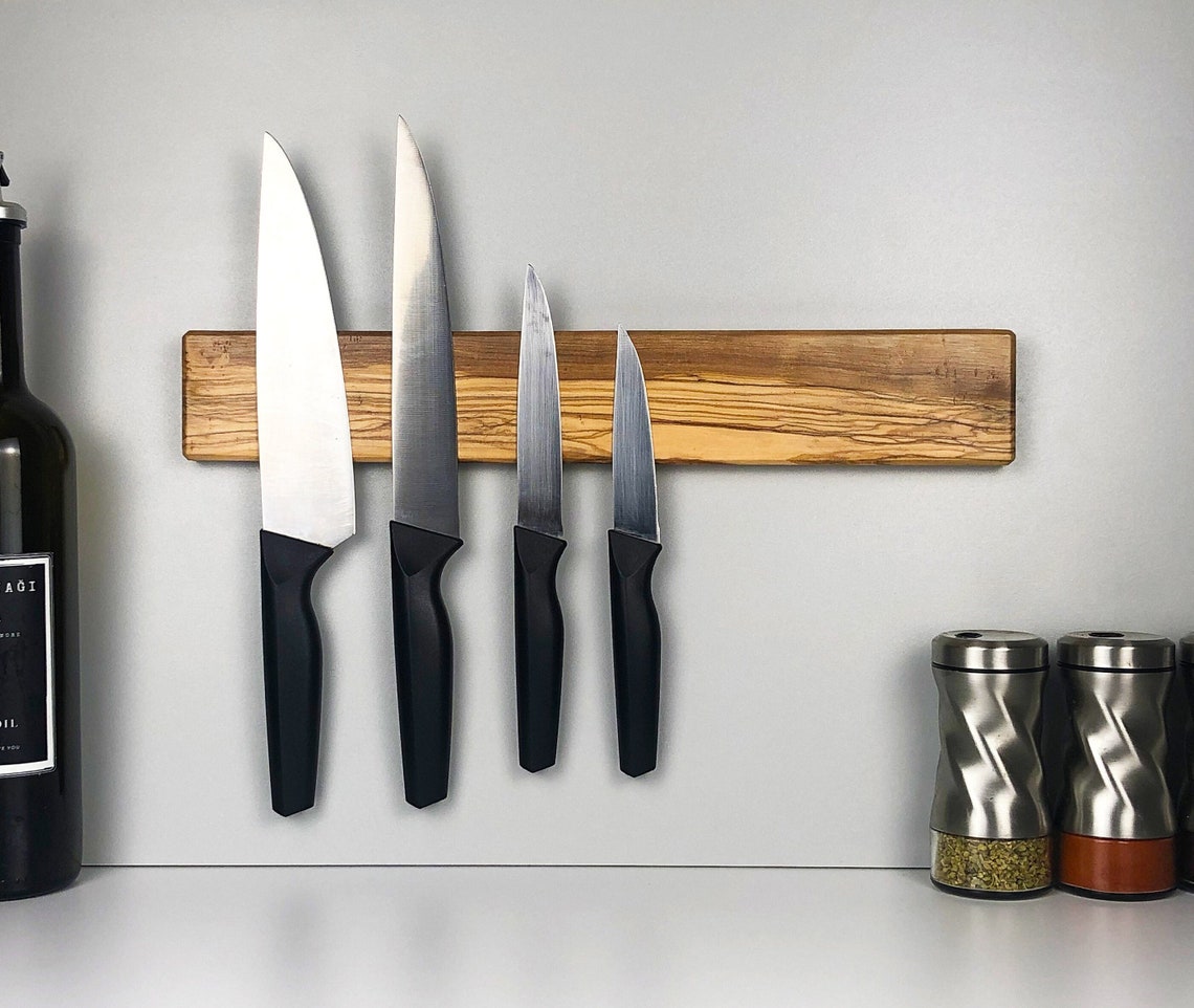 Magnetic Olive Wood Knife Holder, Knife Holder, Wall Mounted Magnetic ...