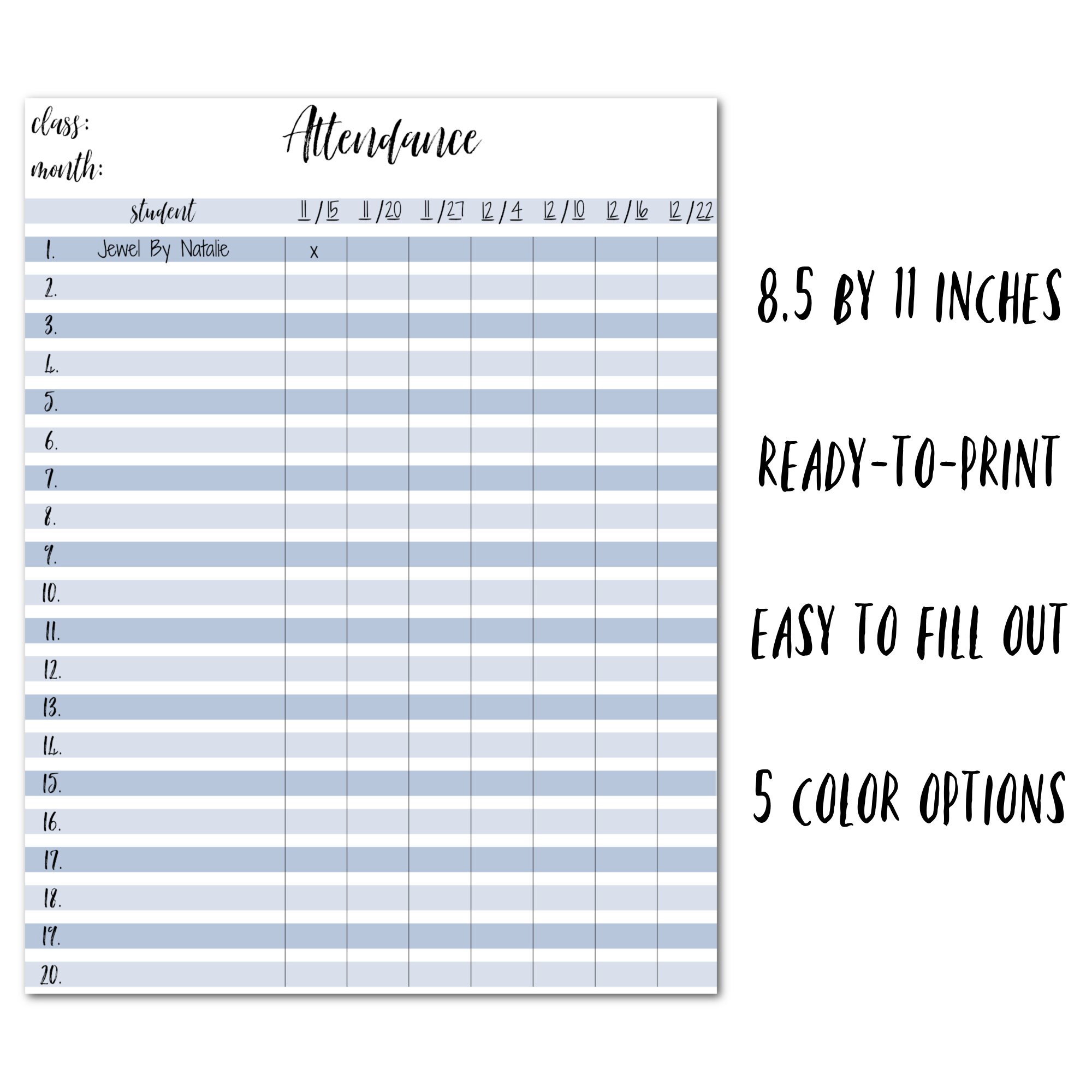 Set of 5 Attendance Sheets Dance Teacher Attendance Trackers Printables ...