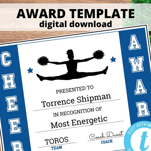 Customizable Cheerleader Award Certificate Printable 8.5x11 - Etsy