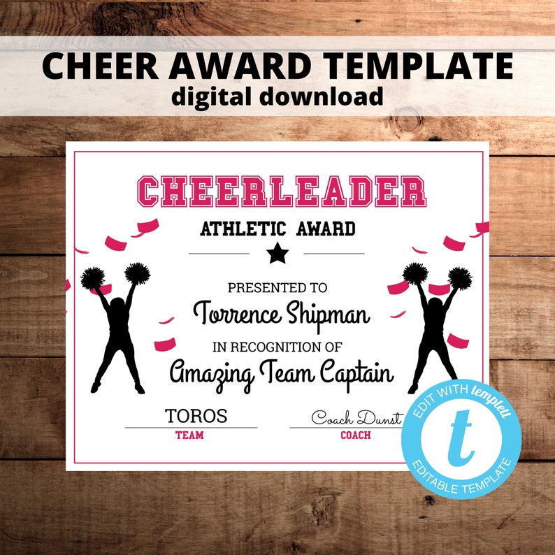 Cheerleader Award Certificate, Printable 8.5x11 Sport Award ...