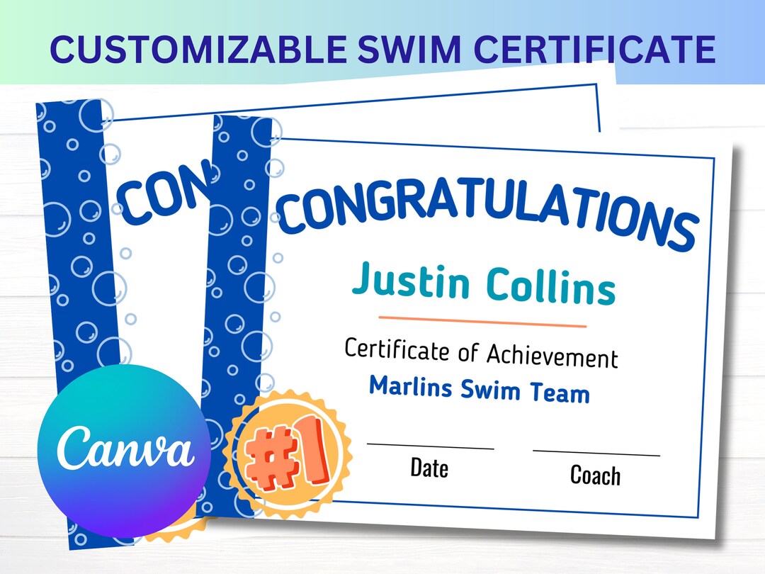 Customizable Swim Team Award Certificate Printable 8.5x11 - Etsy