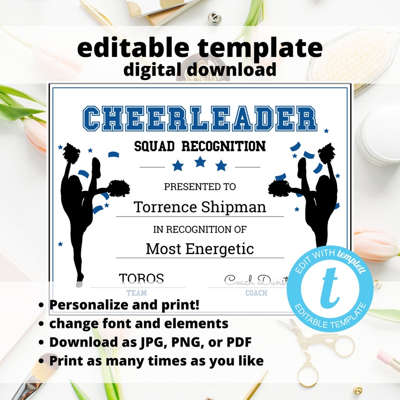 Customizable Cheerleader Award Certificate, Printable 8.5x11 Sport ...
