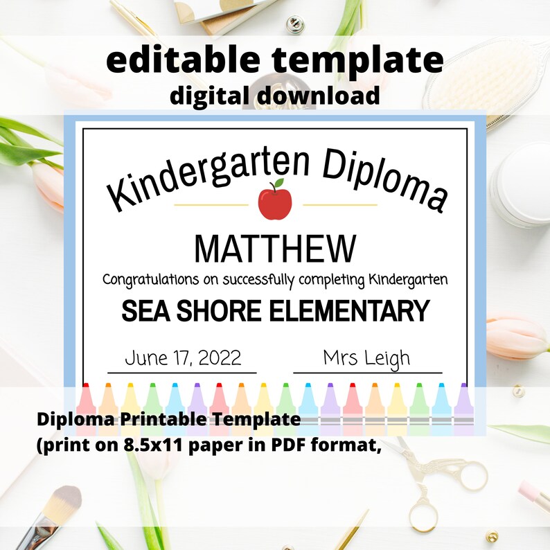 Customizable Kindergarten Diploma, Printable 8.5x11 School Award ...