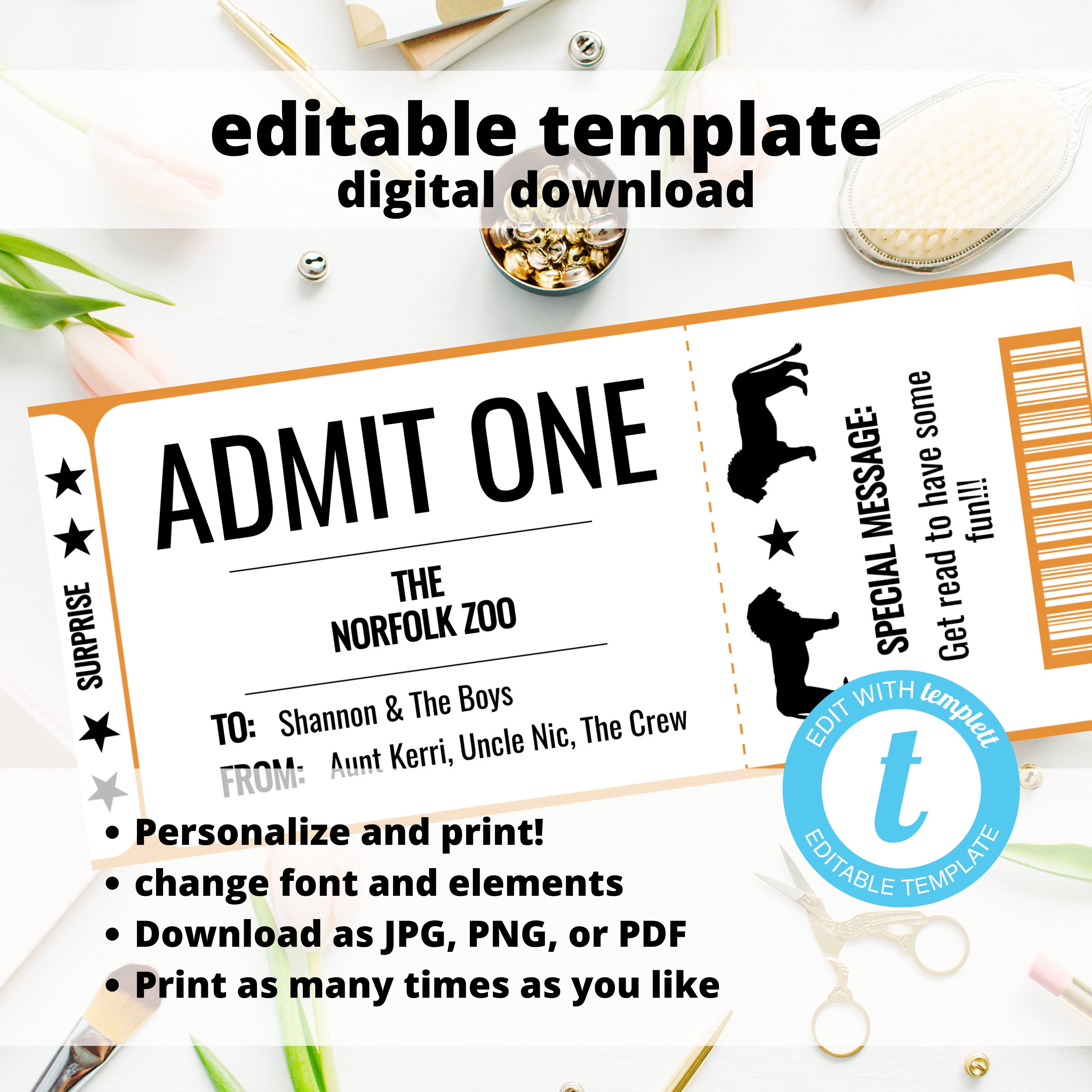 Zoo Pass Ticket Template, Surprise Announcement, Printable Custom Event ...