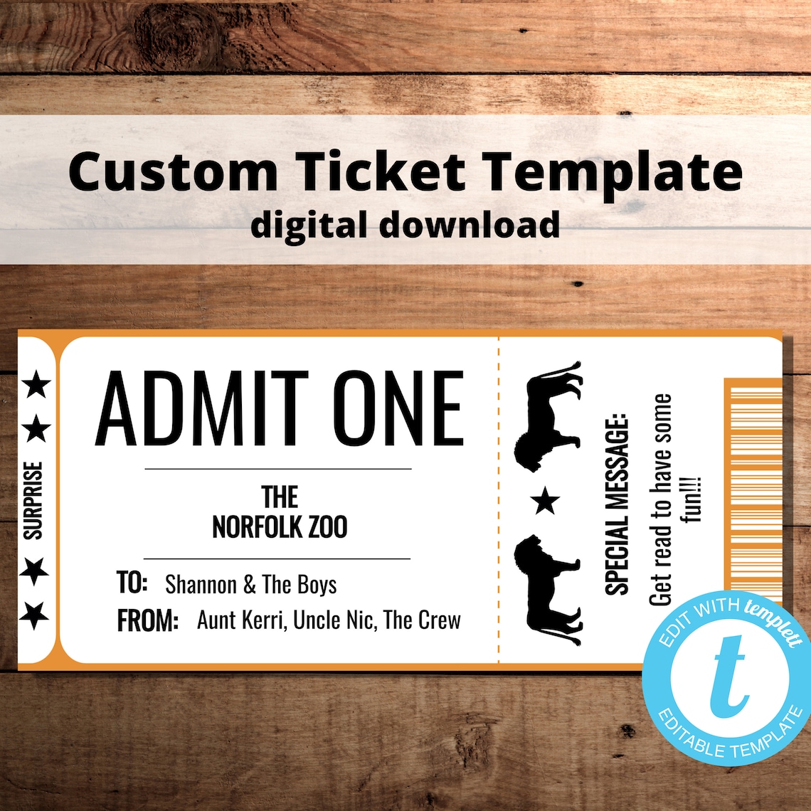 Zoo Pass Ticket Template, Surprise Announcement, Printable Custom Event ...