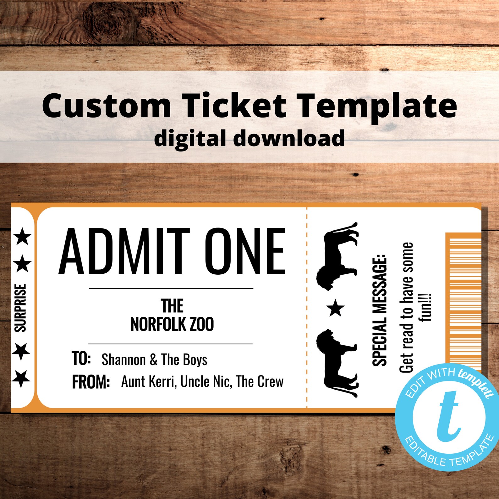Zoo Pass Ticket Template, Surprise Announcement, Printable Custom Event ...
