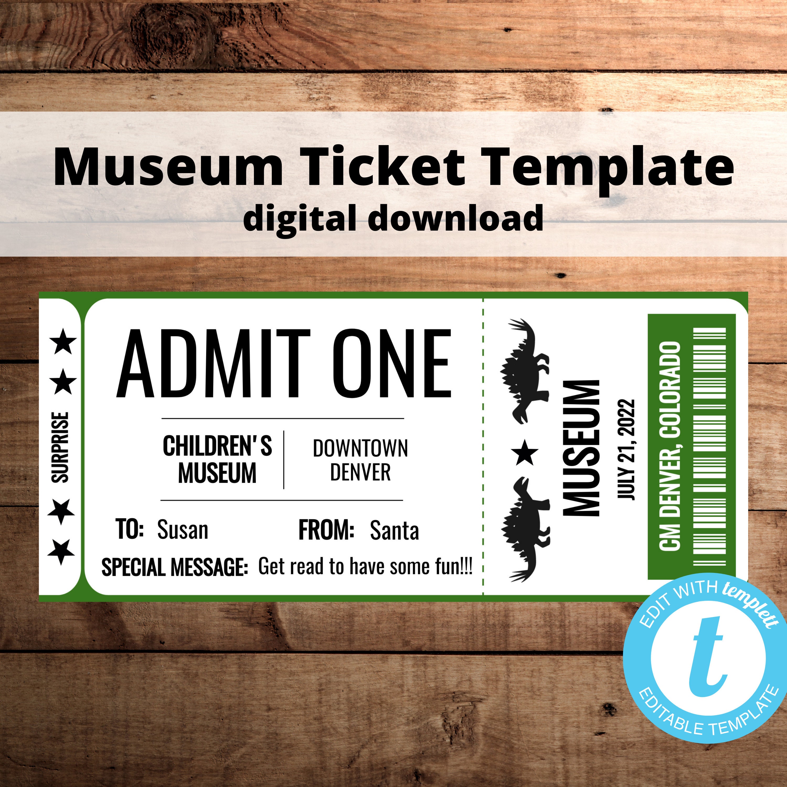 Museum Ticket Template Surprise Announcement Printable Etsy