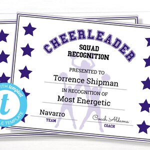 Customizable Cheerleader Award Certificate Printable 8.5x11 - Etsy