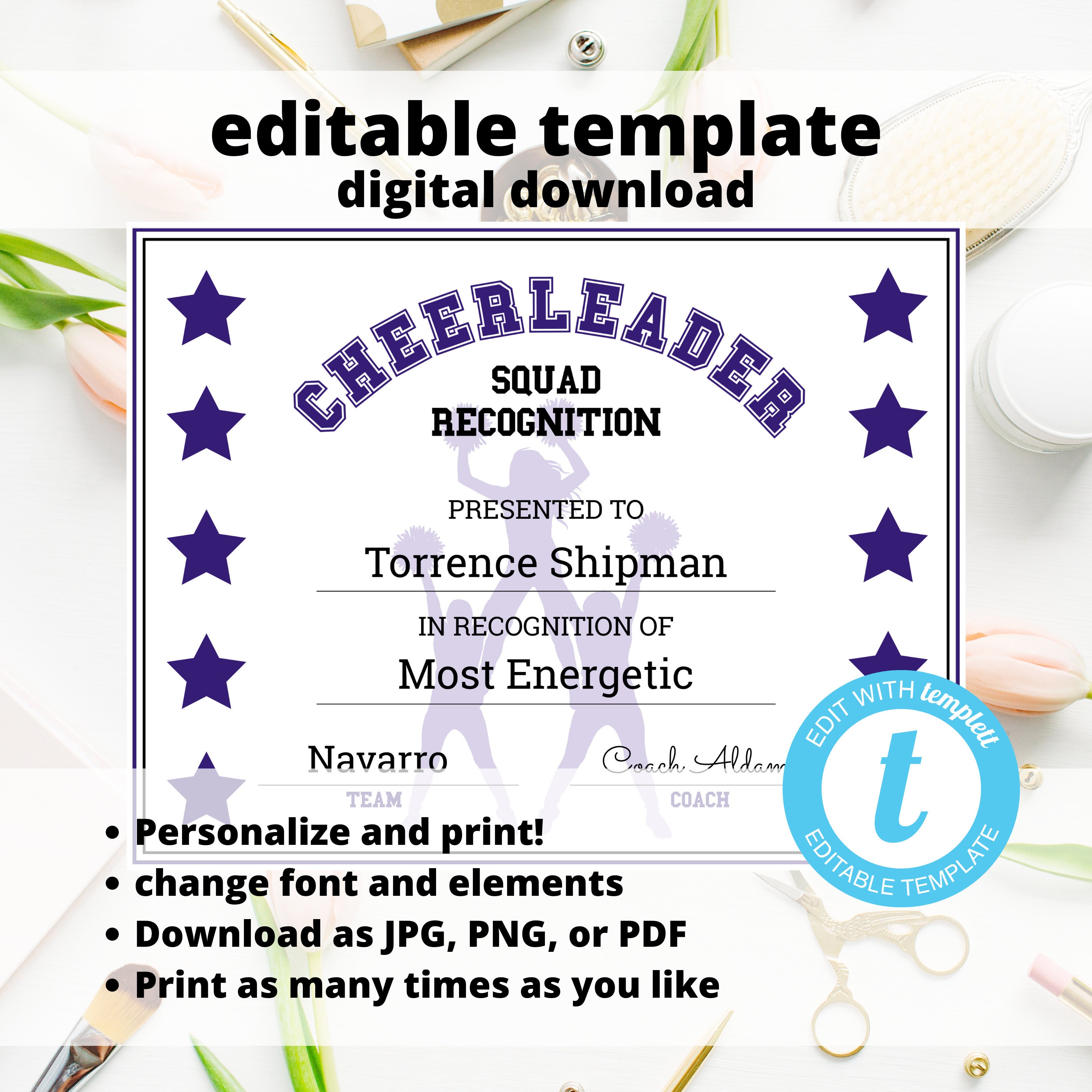 Customizable Cheerleader Award Certificate, Printable 8.5x11 Sport ...