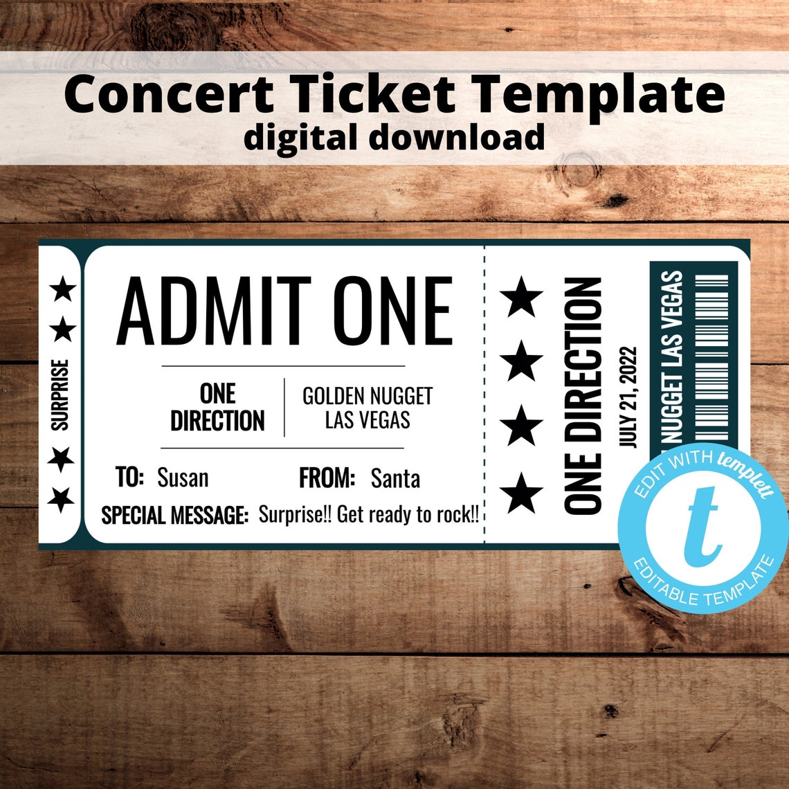 Concert Ticket Gift Template Surprise Show Announcement - Etsy
