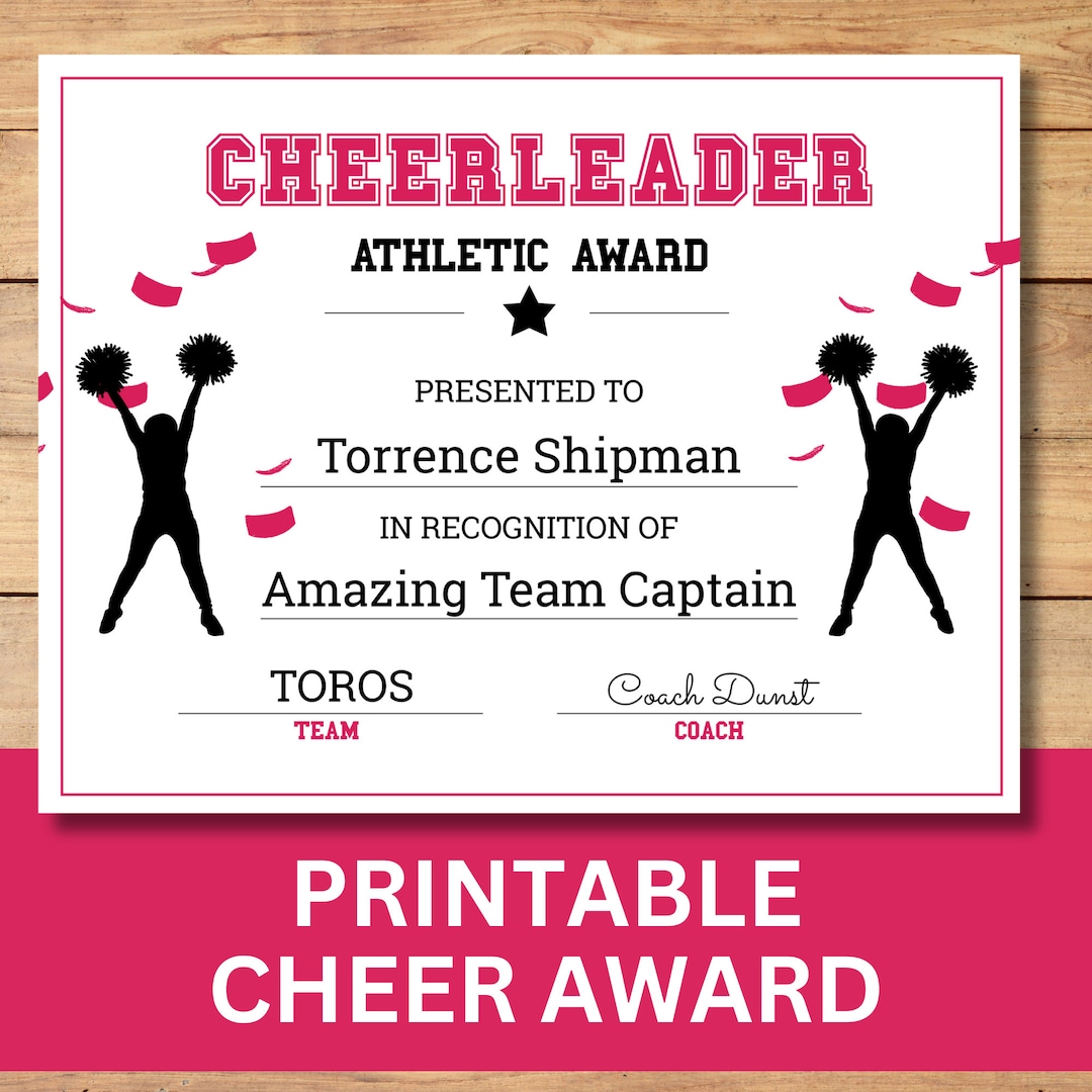 Cheerleader Award Certificate, Printable 8.5x11 Sport Award ...