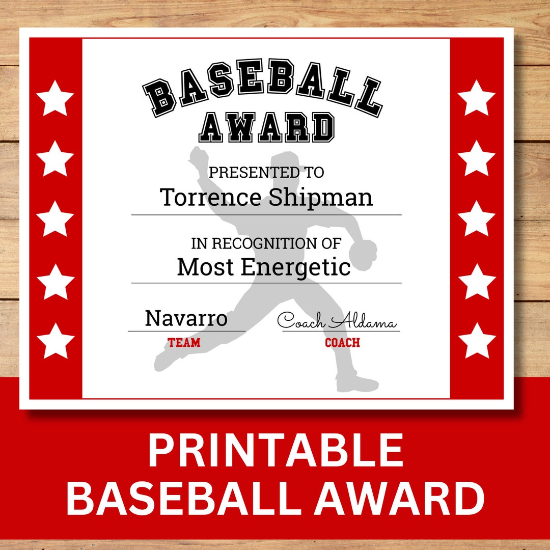 Customizable Baseball Award Certificate, Printable 8.5x11 Sport Award ...