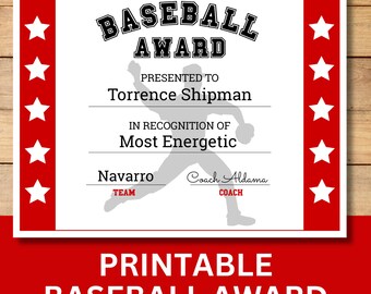 Baseball Certificate Achievement Award Sports MVP - Etsy
