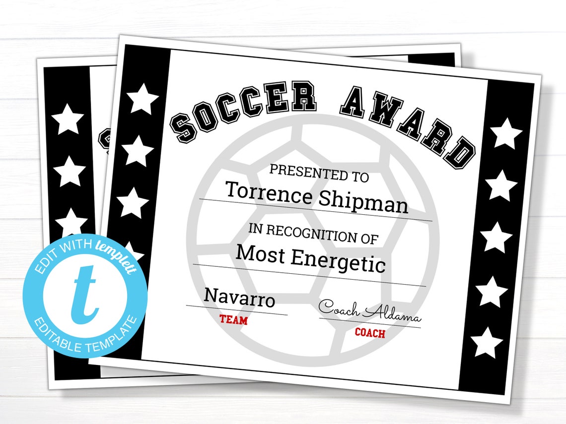 Customizable Soccer Award Certificate Printable 8.5x11 Sport - Etsy