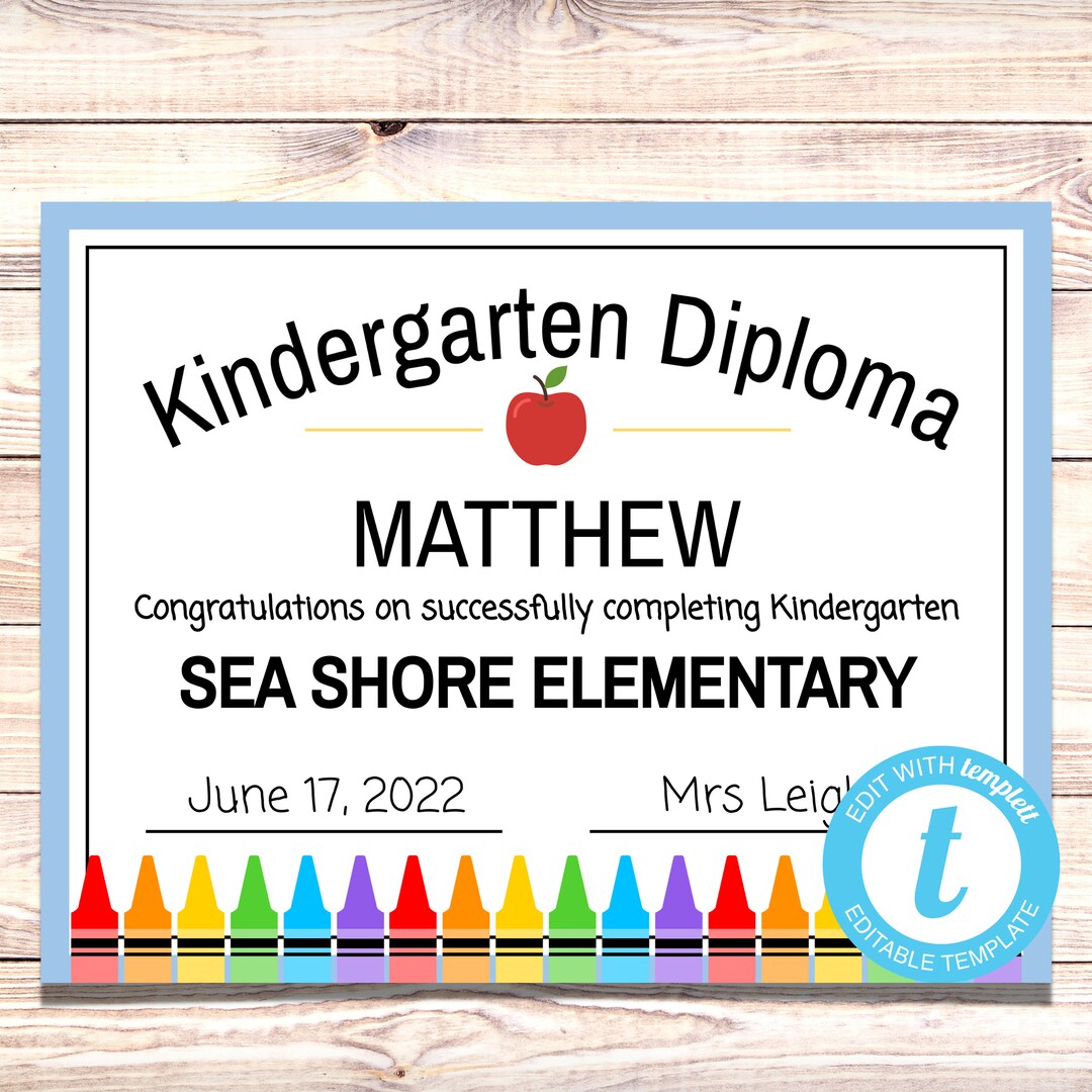Customizable Kindergarten Diploma, Printable 8.5x11 School Award ...