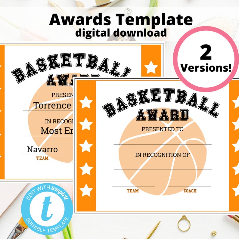 Customizable Basketball Award Certificate, Printable 8.5x11 Sport Award ...