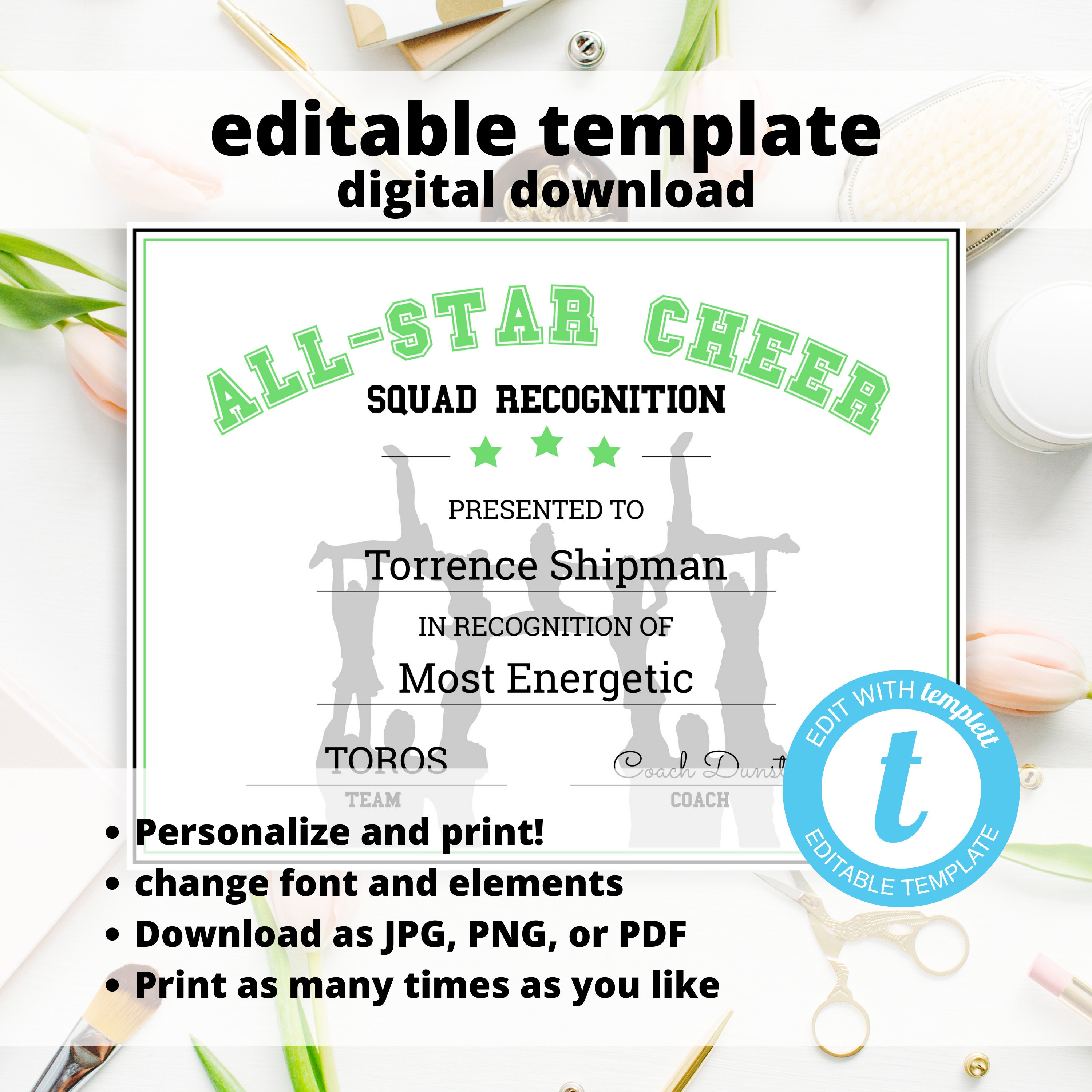 Customizable All-star Cheerleader Award Certificate, Printable 8.5x11 ...