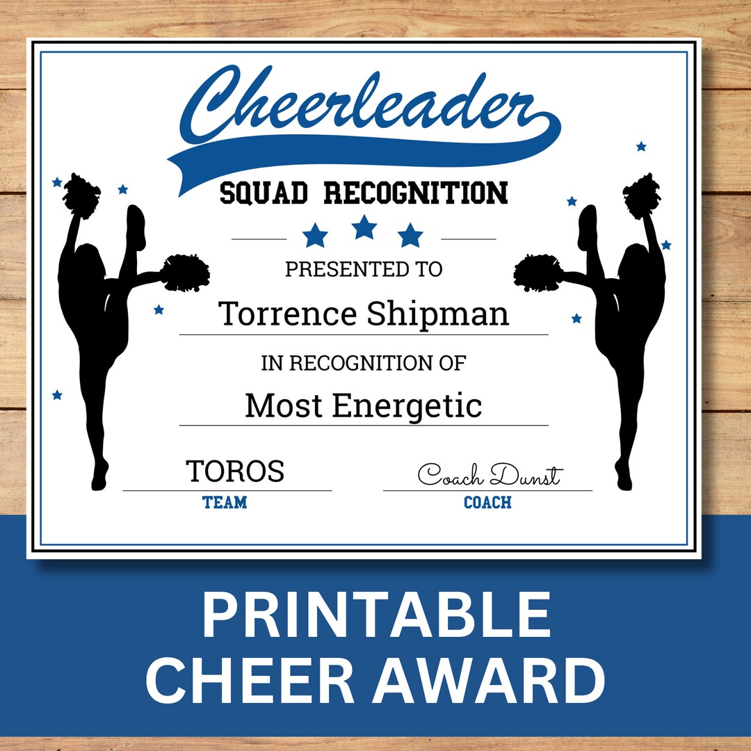 Customizable Cheerleader Award Certificate, Printable 8.5x11 Sport ...