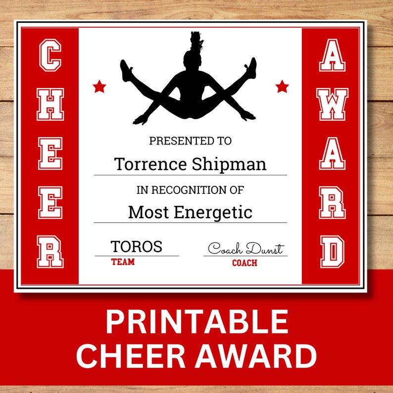 Customizable Cheerleader Award Certificate, Printable 8.5x11 Sport ...