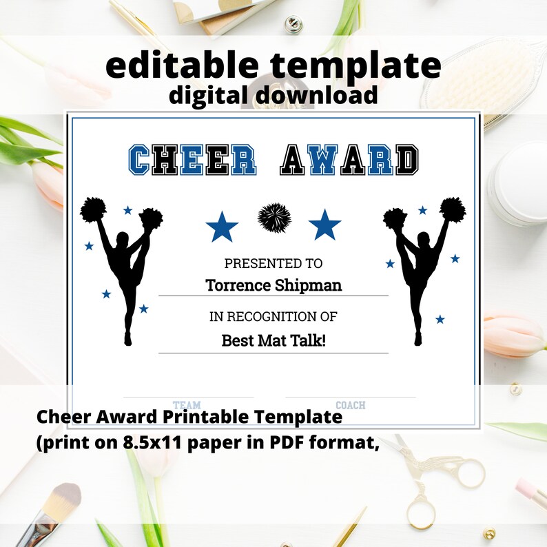 Customizable Cheerleader Award Certificate, Printable 8.5x11 Sport ...