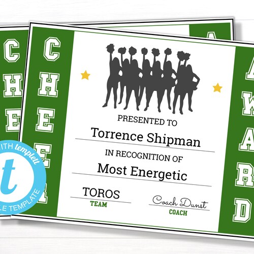 Customizable Cheerleader Award Certificate Printable 8.5x11 - Etsy