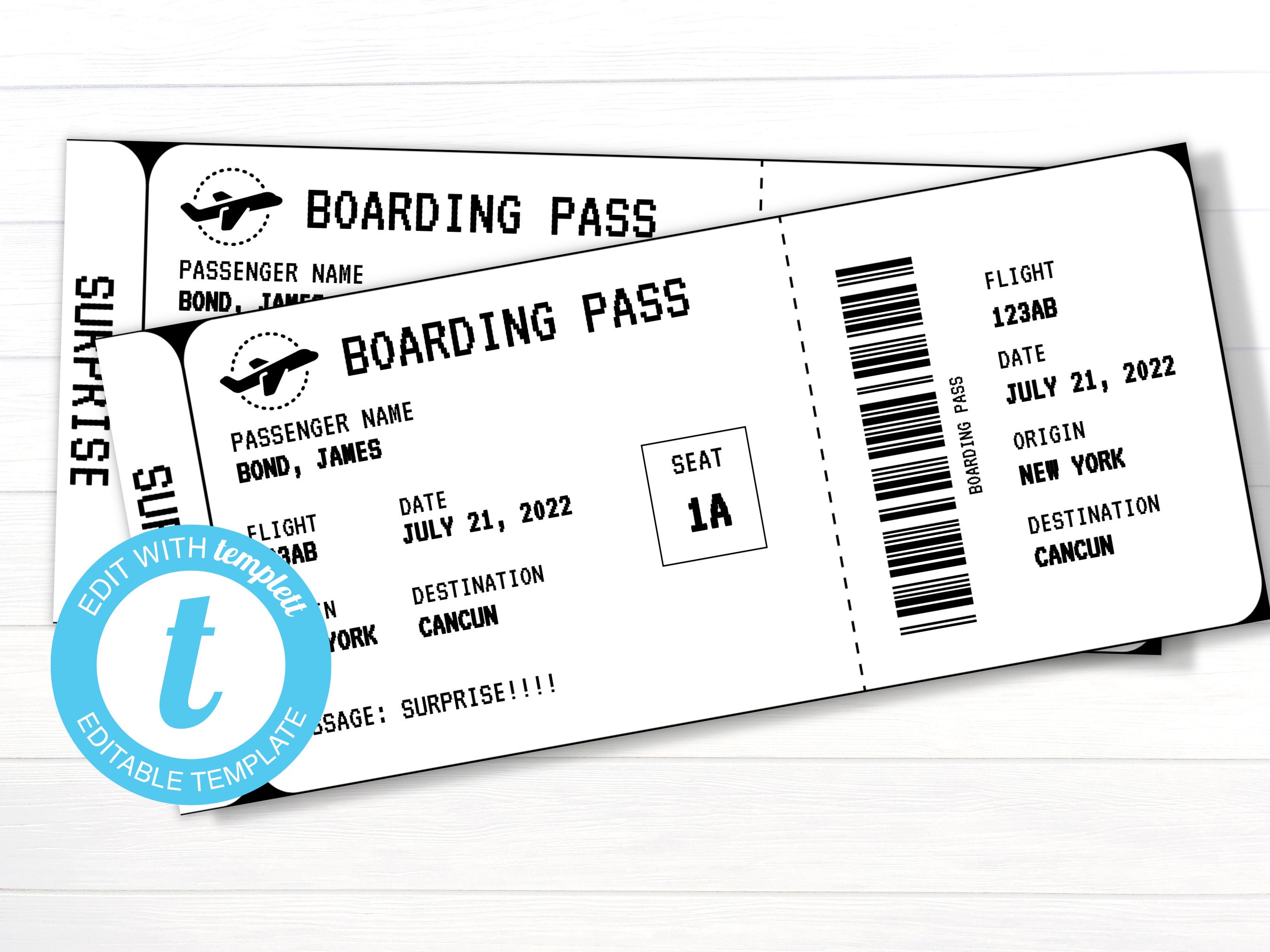 Boarding Pass Template Surprise Trip Announcement Custom - Etsy