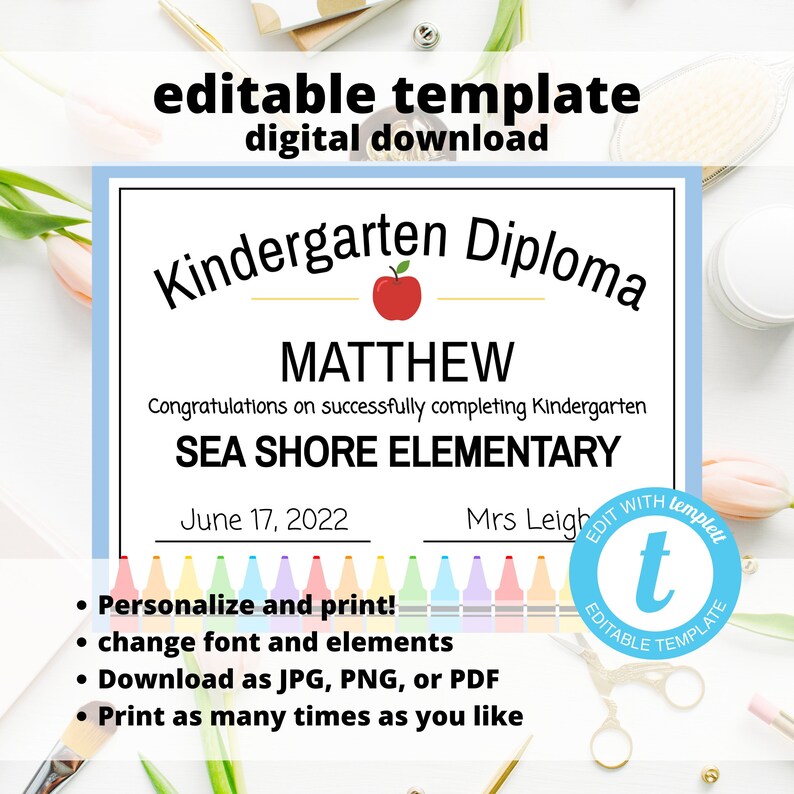 Customizable Kindergarten Diploma, Printable 8.5x11 School Award ...