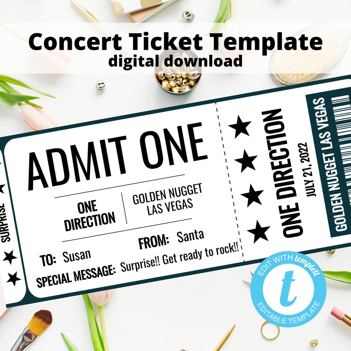 Concert Ticket Gift Template, Surprise Show Announcement, Printable ...