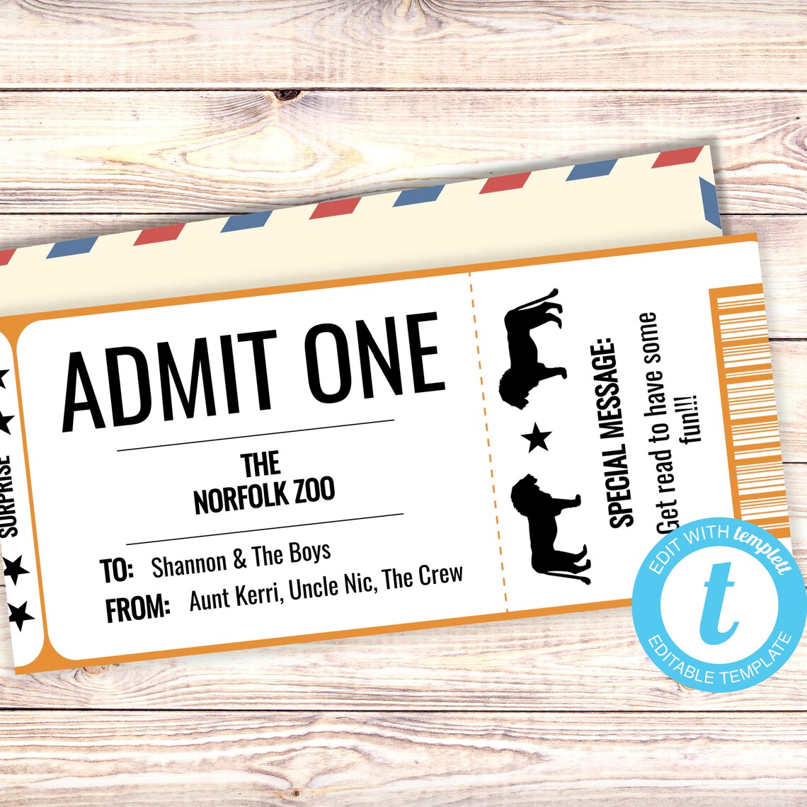 Zoo Pass Ticket Template Surprise Announcement Printable - Etsy