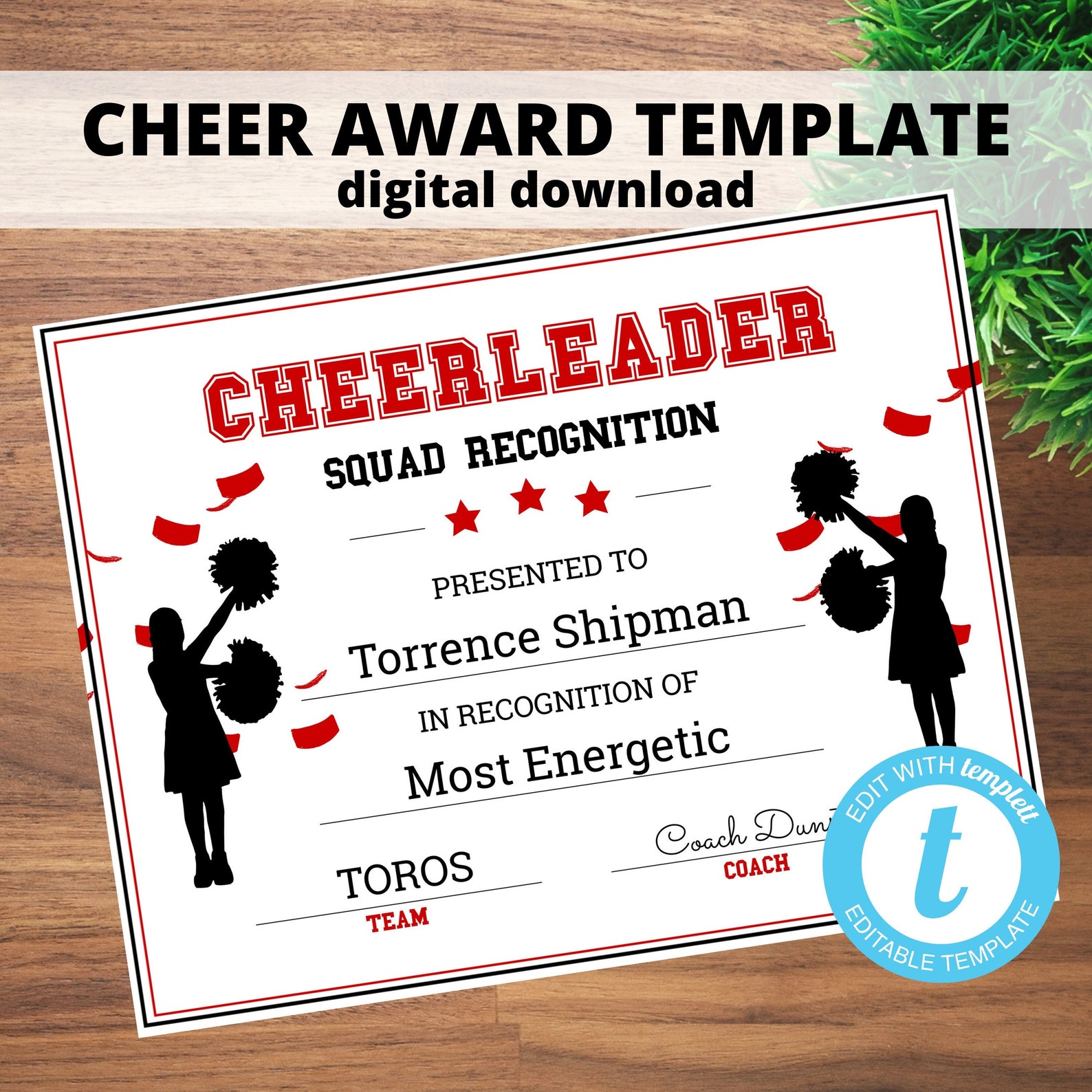 Customizable Cheerleader Award Certificate Printable 8.5x11 - Etsy